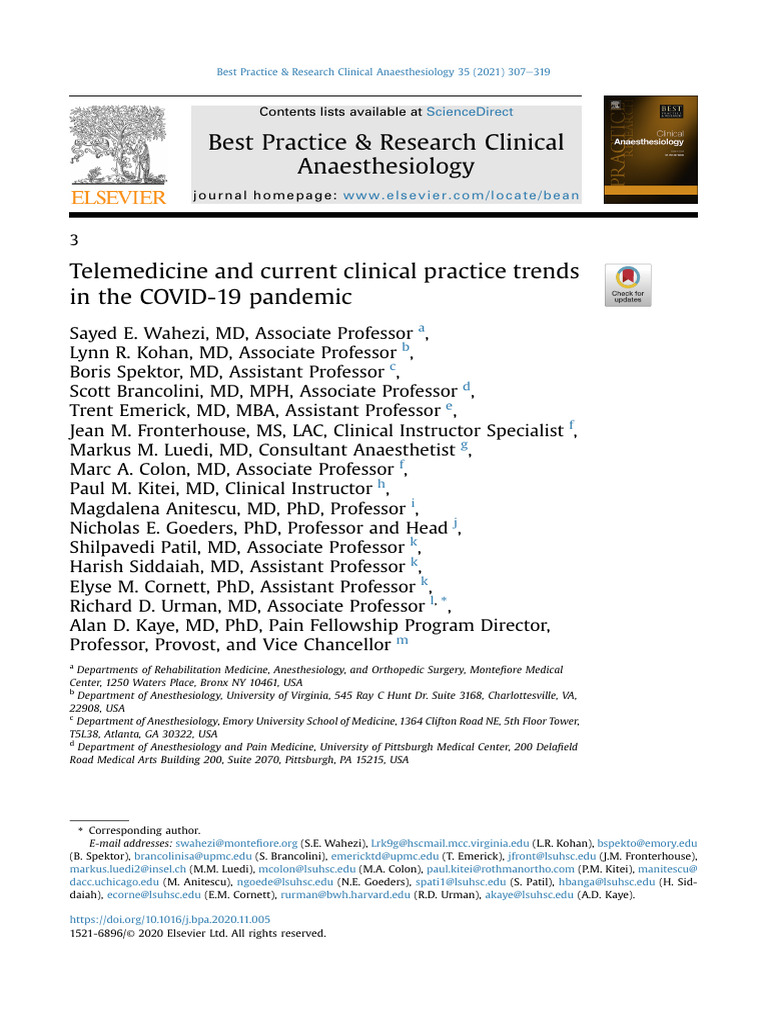 Telemedicine and Current Clinical Practice - 2021 - Best Practice - Research CL | PDF ...