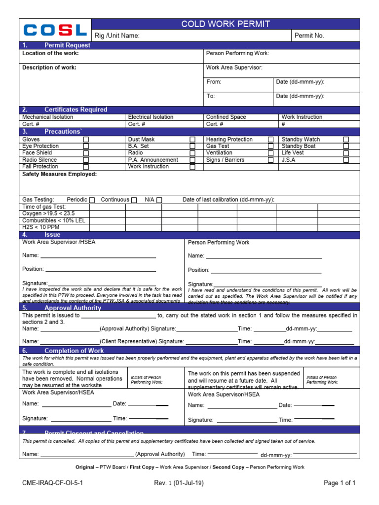 Cme Iraq CF Oi 5 1 Cold Work Permit | PDF | Workplace | Equipment