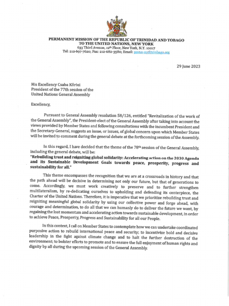 Letter From President Elect of The 78th Session of The United Nations General Assembly Theme For ...
