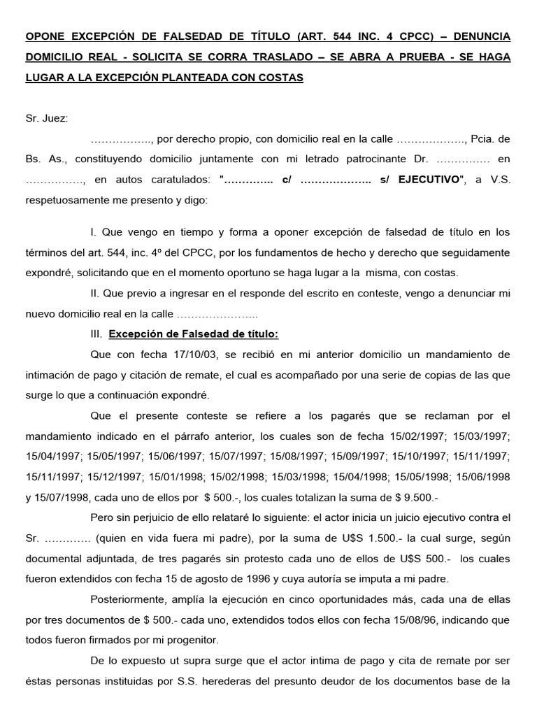 Modelo de Contesta Demanda Opone Excepcion de Falsedad | PDF | Verdad ...