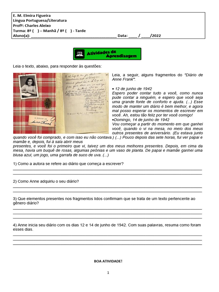 8A-C - Aula 1 - Atividade - Revisando o Gênero Diário | PDF