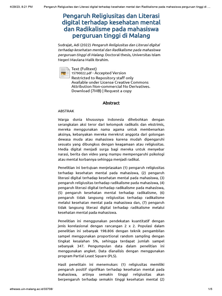 Pengaruh Religiusitas Dan Literasi Digital Terhadap Kesehatan Mental ...