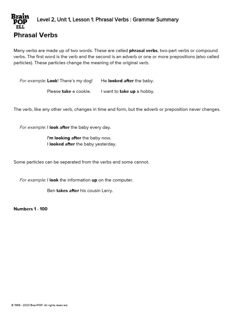 Phrasal Verbs Grammar Summary - BrainPOP ELL | PDF