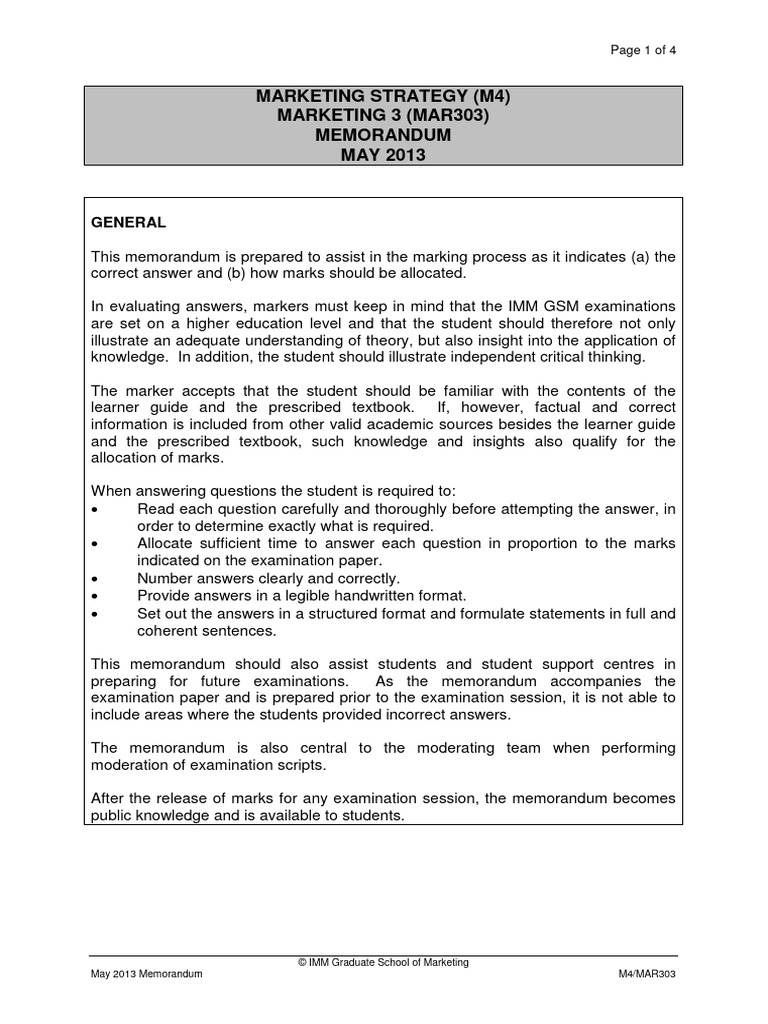 MStrat Exam May2013MEMO | PDF | Competitive Advantage | Marketing