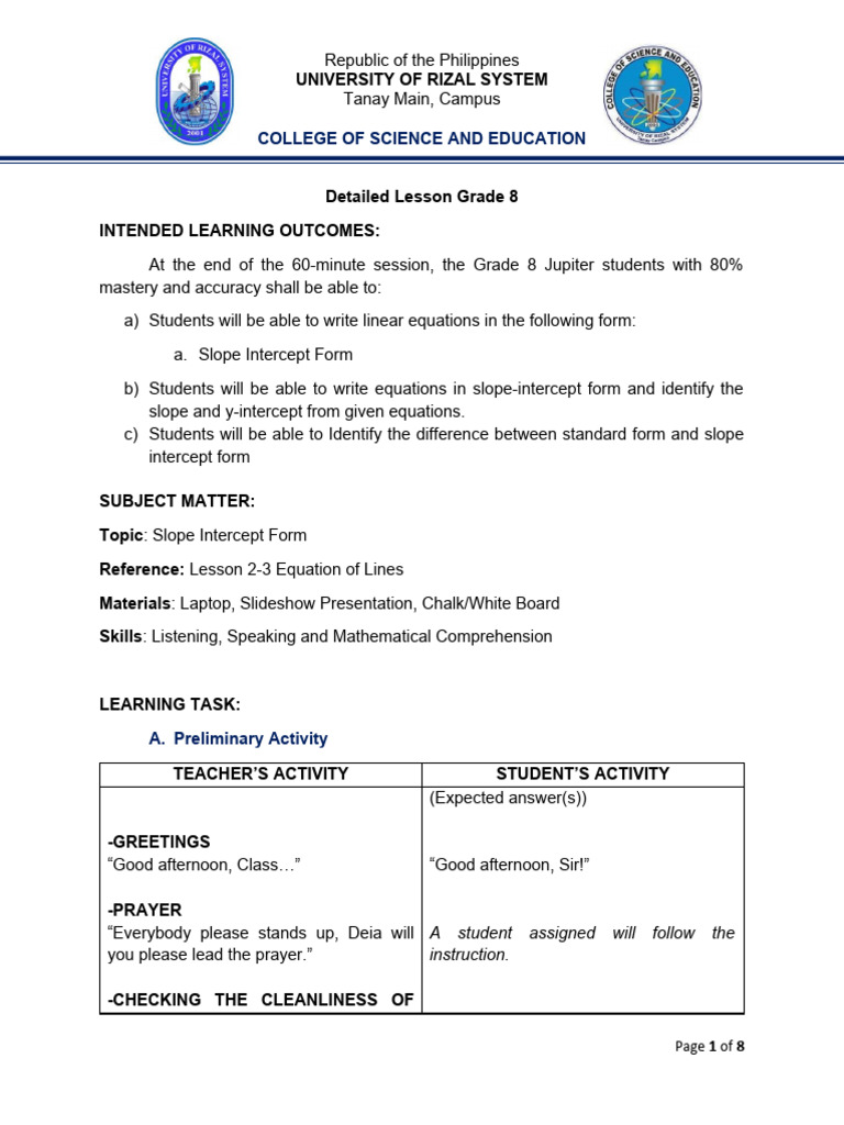 Detailed Lesson Plan in Slope Form | PDF | Learning | Behavior Modification