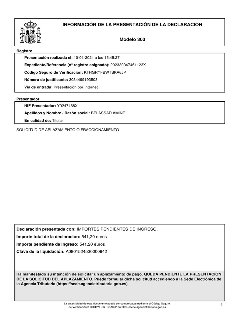 Información de La Presentación de La Declaración Modelo 303: Solicitud ...