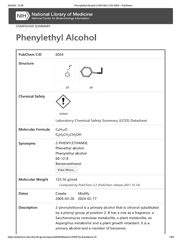 Phenylethyl Alcohol - C8H10O - CID 6054 - PubChem | PDF