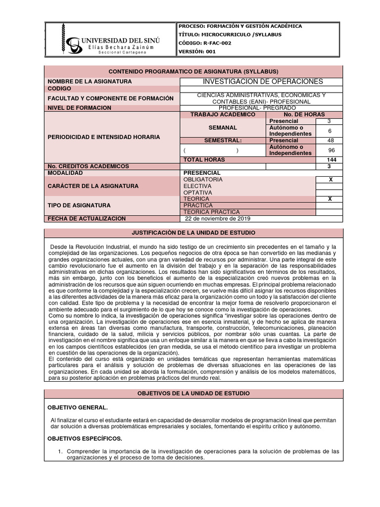 R-Fac-002 Microcurriculo-Syllabus Investigacion de Operaciones | PDF | Programación lineal ...