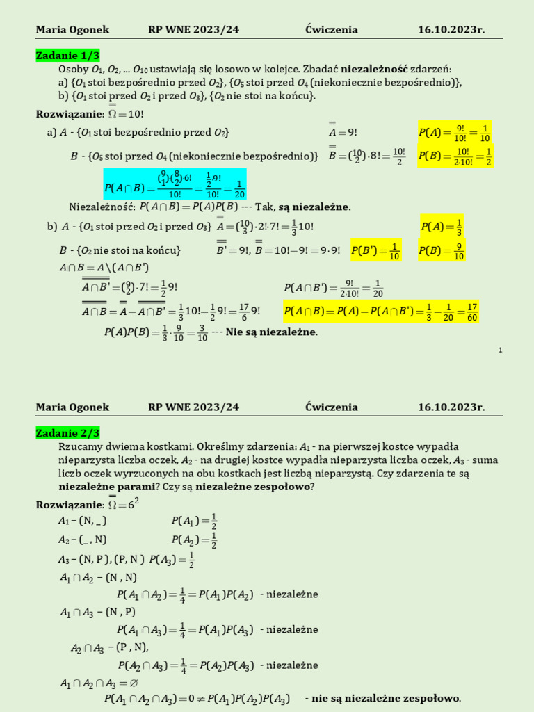 Rachunek Prawdopodobieństwa Zestaw 3 | PDF