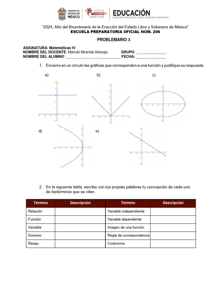 Problemario Matemáticas IV Funciones | PDF