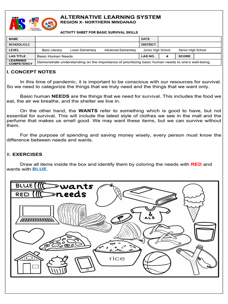 Basic Human Needs Activity Sheet | PDF