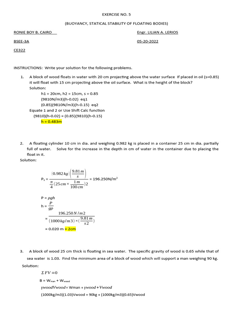 Stability of Floating Bodies Exercises | PDF | Buoyancy | Classical ...