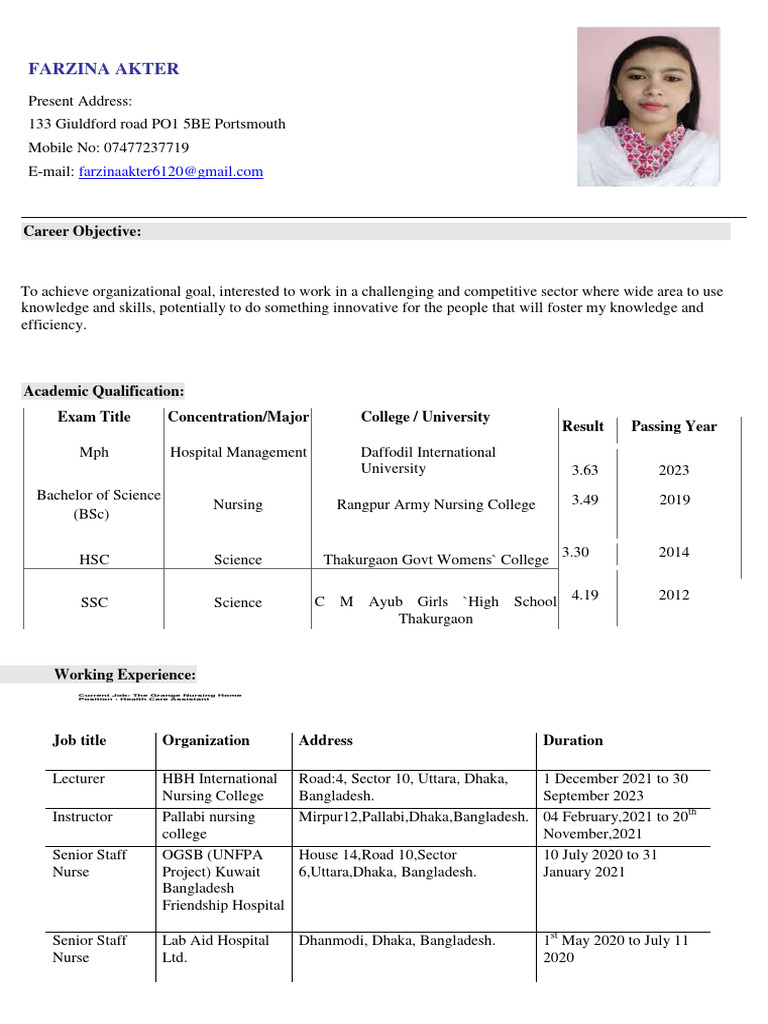 Farzinaakter CV 2 | PDF | Nursing | Health Care