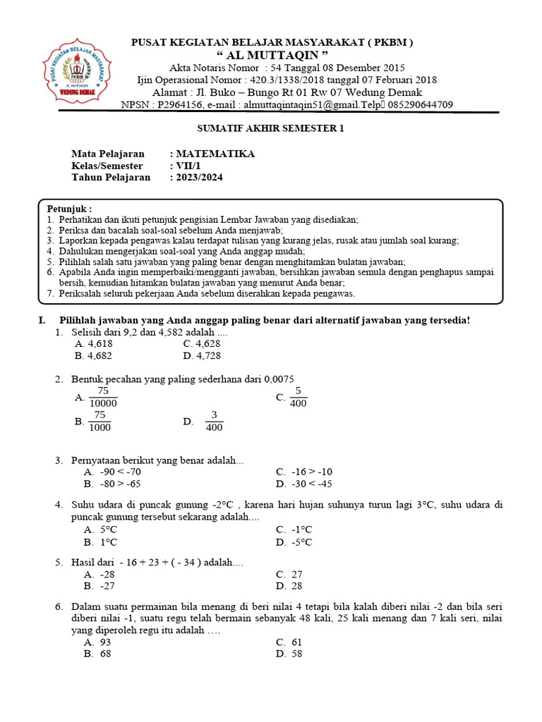 Soal PAS MTK Kelas 7 | PDF