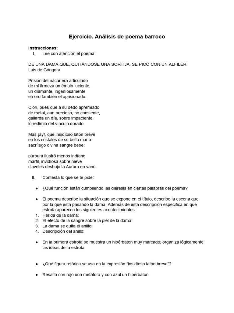 Ejercicio. Análisis de Poema Barroco | PDF | Libros para adolescentes