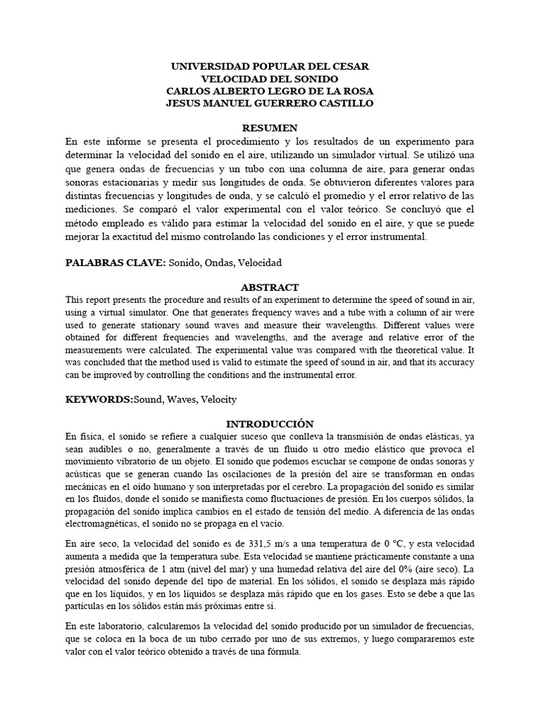 Informe Velocidad Del Sonido | PDF | Sonido | Olas