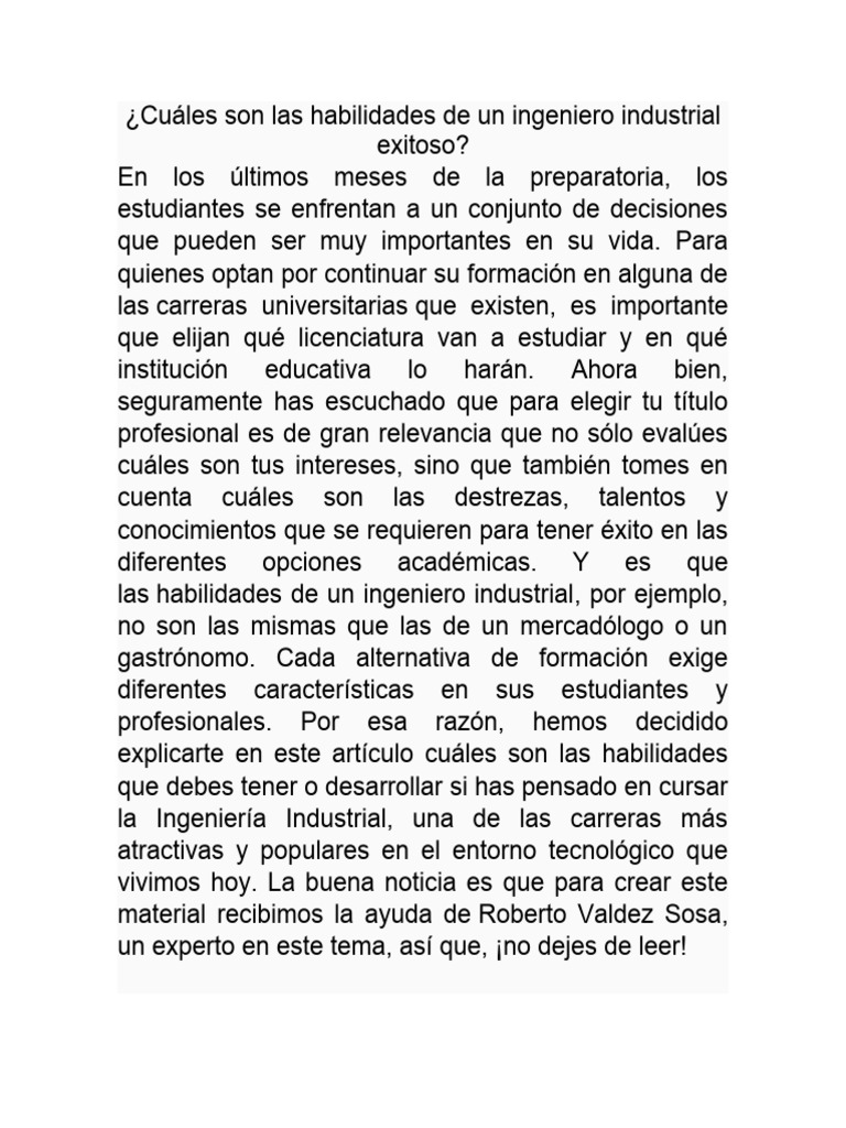 Cuáles Son Las Habilidades de Un Ingeniero Industrial Exitoso | PDF ...