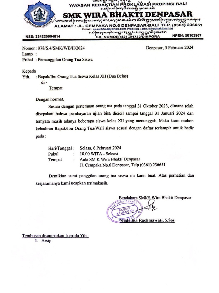 Surat Pemberitahuan Kelas XII | PDF