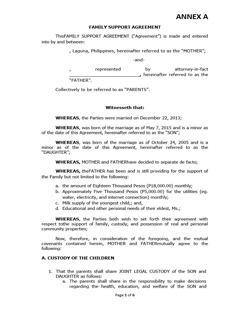 Family Support Agreement Philippines | PDF | Child Custody | Psychotherapy