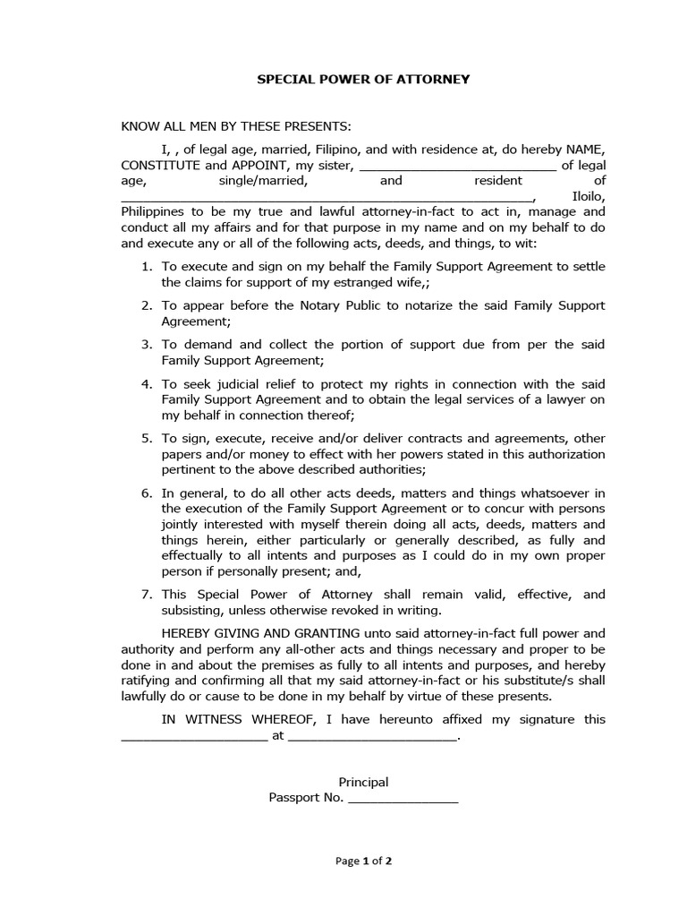 SPA For Family Support Agreement | PDF | Power Of Attorney | Notary Public