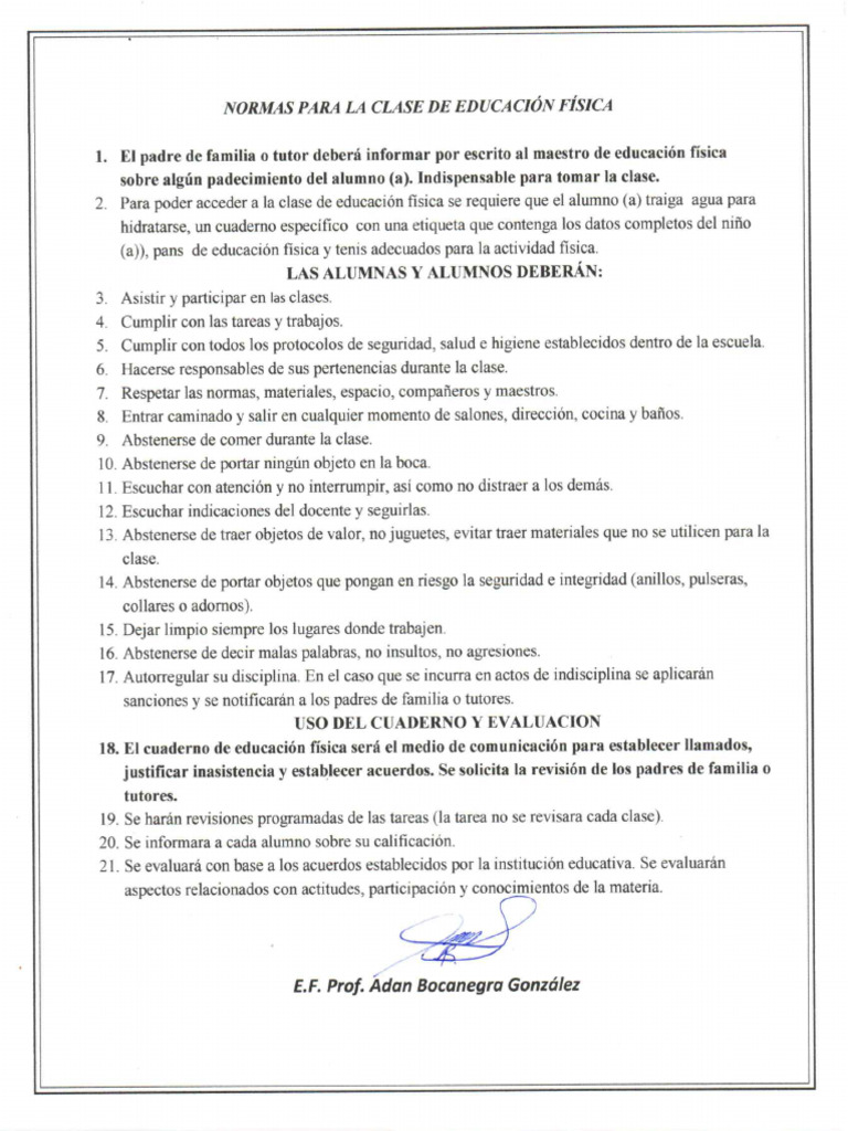 Normas para La Clase de Educación Fisica | PDF