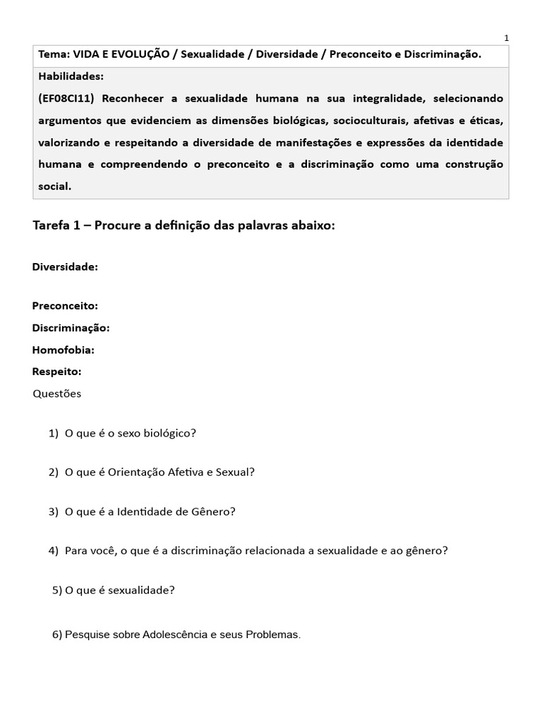 Atividade Sobre Sexualidade | PDF