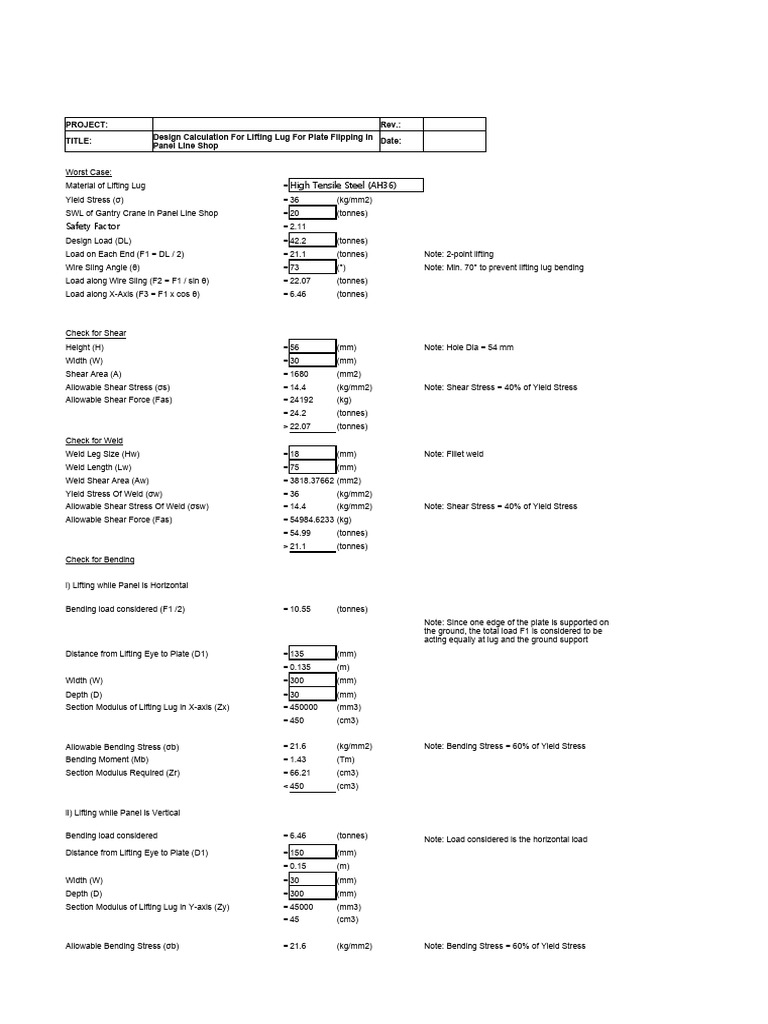 Lifting Lug Design Analysis | PDF | Bending | Yield (Engineering)