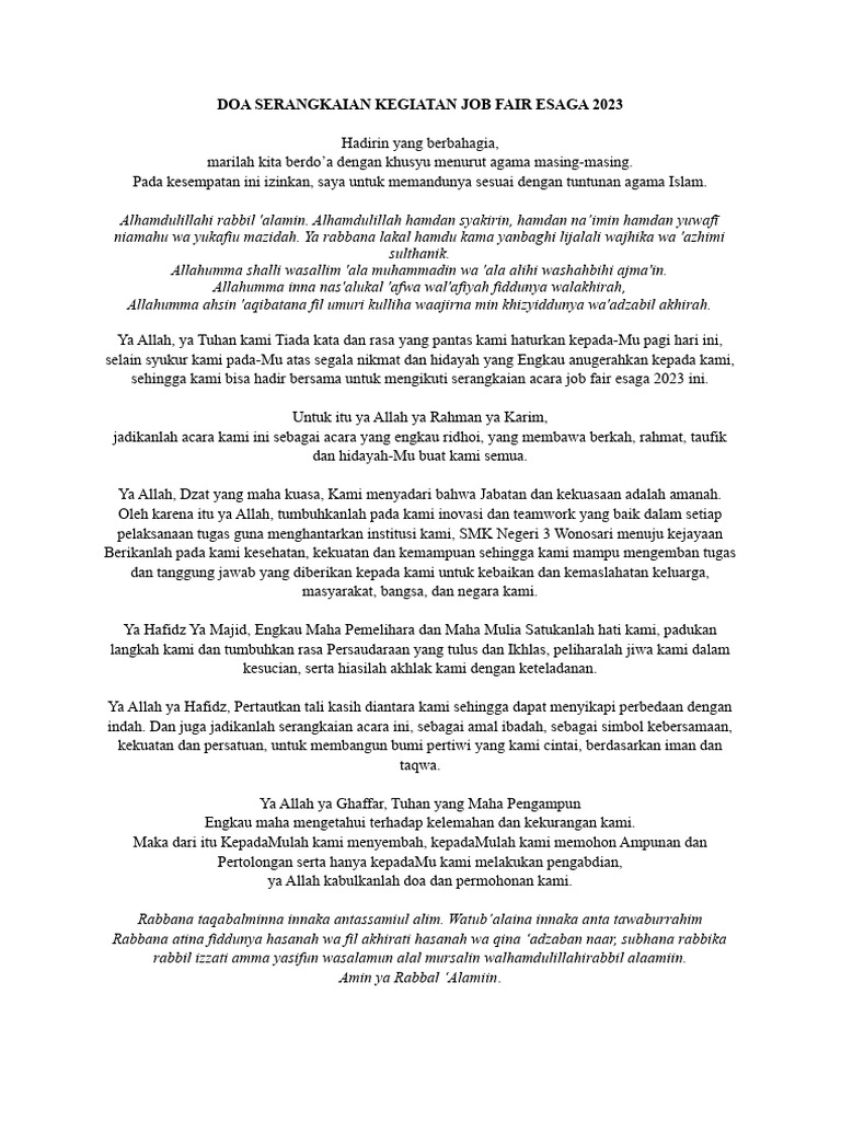 Doa Serangkaian Kegiatan Job Fair Esaga 2023 | PDF