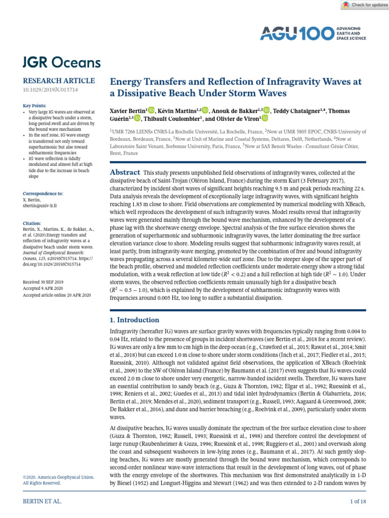 Bertin Et Al. (2020) - Energy Transfers and Reflection of Infragravity ...