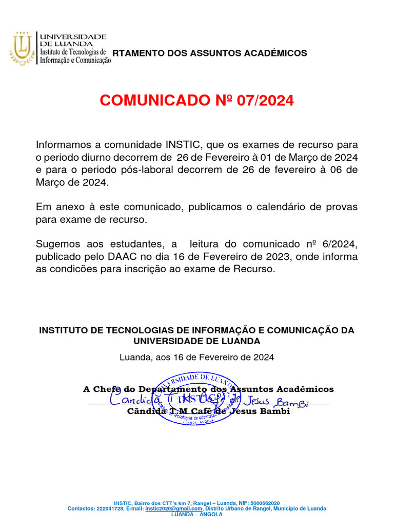 Comunicado - Daac #007-Calendário de Recurso - 2023.2024 | PDF | Informática | Science