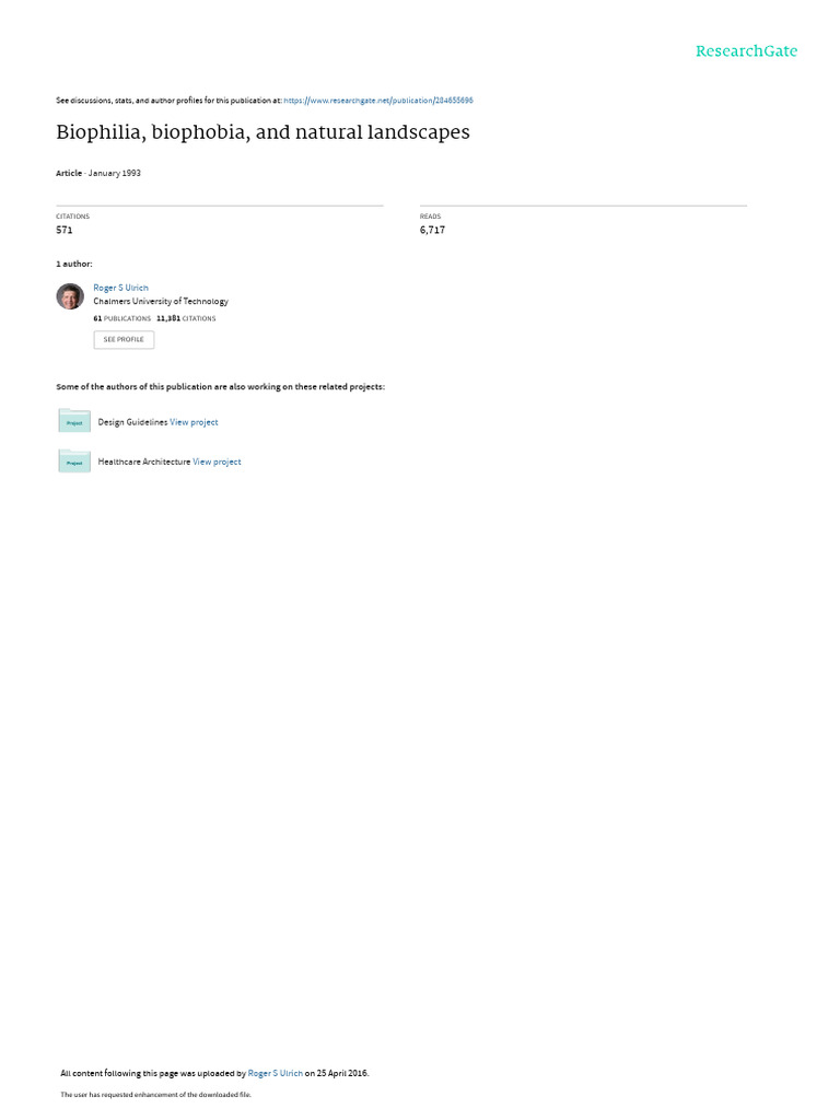 Biophilia, Biophobia, and Natural Landscapes Roger S. Ulrich | PDF
