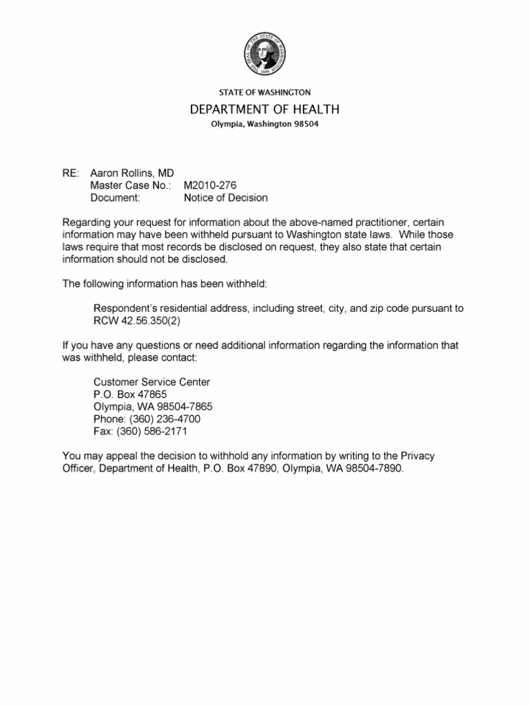 WA - Department of Health - Denial of License - Aaron J Rollins MD ...