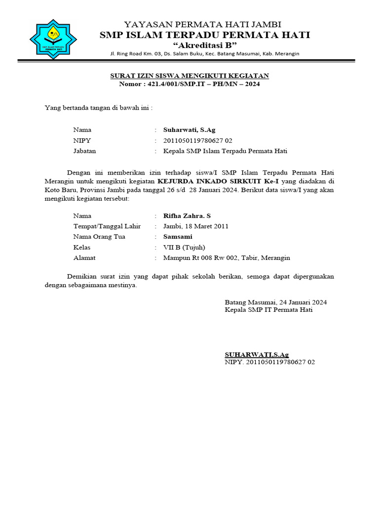 Surat Izin Kegiatan Siswa SMP IT | PDF