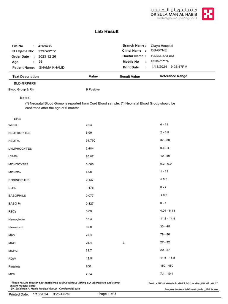 Lab Results for Dr. Shama Khalid | PDF | Physiology | Animal Anatomy
