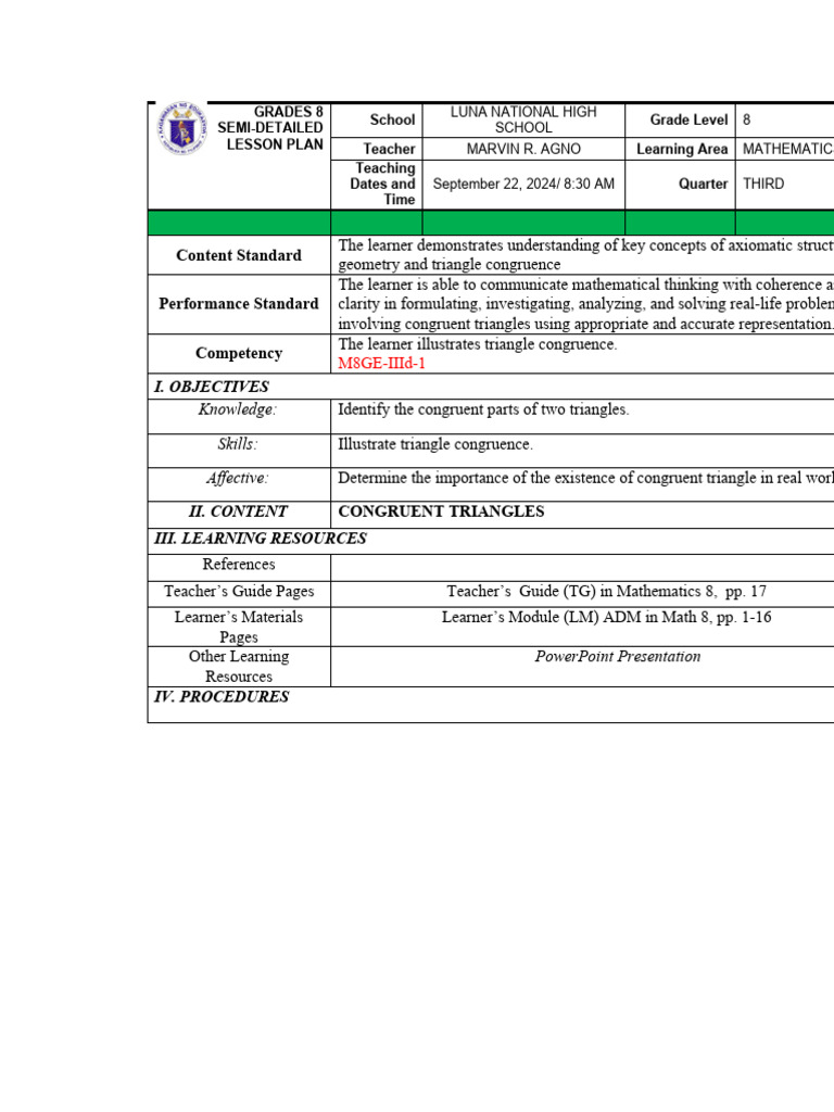 Lesson Plan- Math8 - Q3- Day 3 Congruent Triangle | PDF | Triangle ...