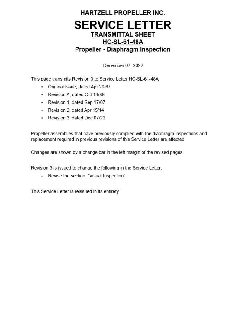 Service Letter: Hartzell Propeller Inc. Transmittal Sheet HC-SL-61-48A Propeller - Diaphragm ...