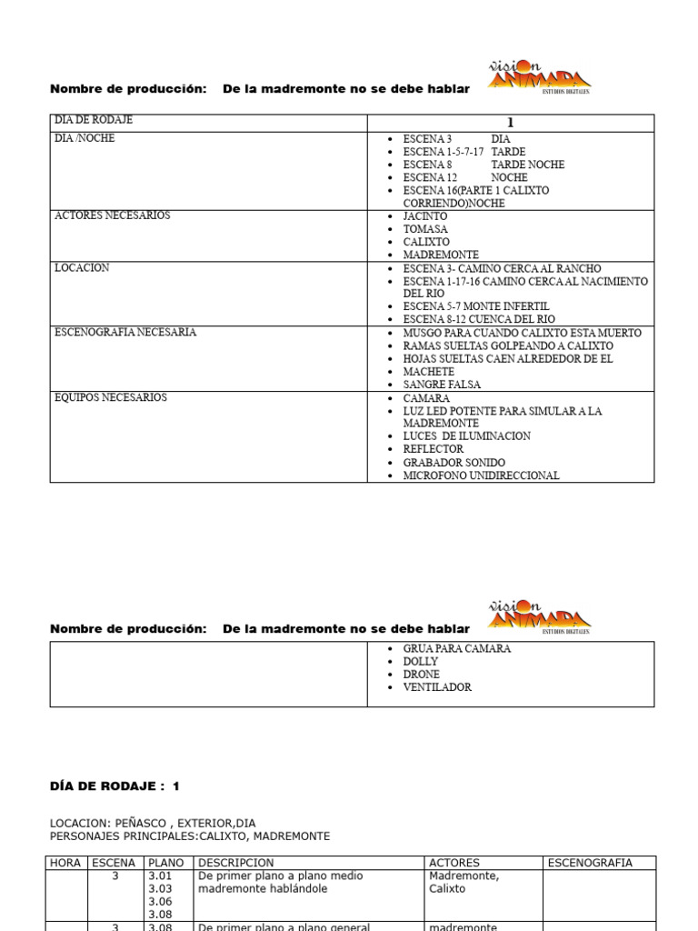 Plan de Rodaje: De la Madremonte | PDF