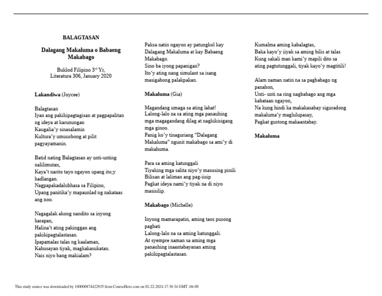 Dalagang Makaluma o Babaeng Makabago: Balagtasan | PDF