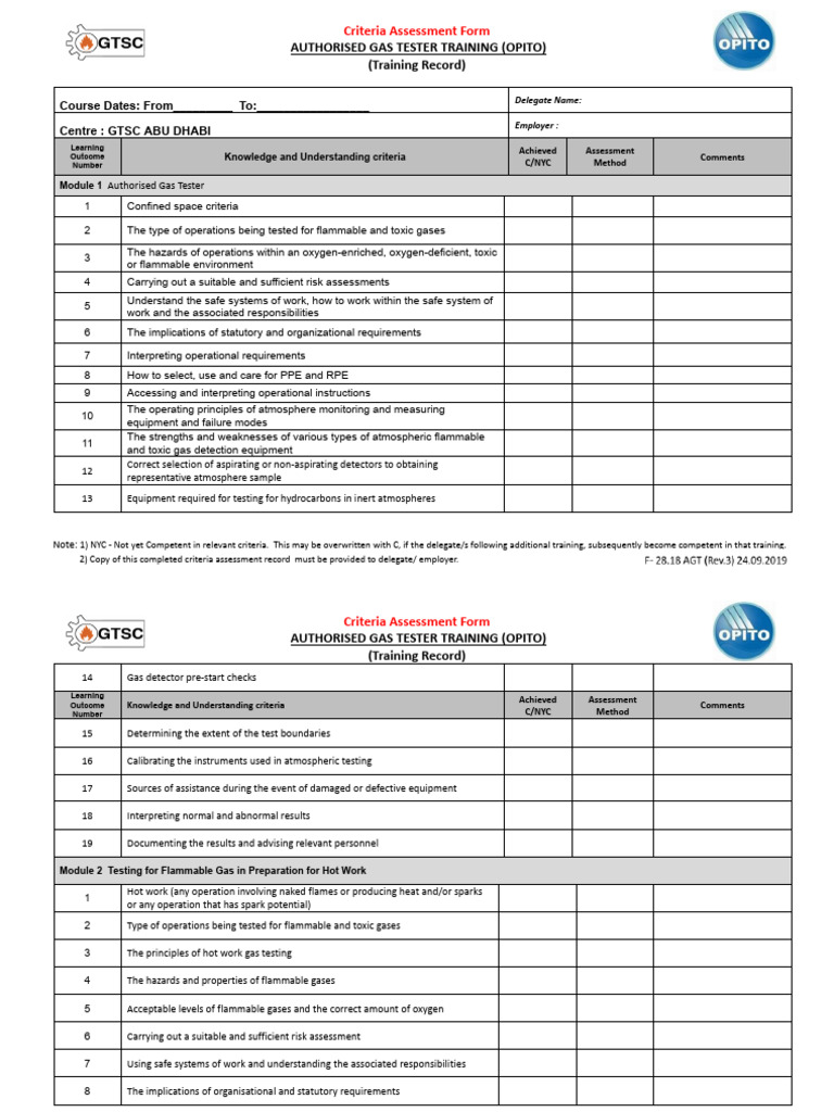 OPITO Gas Tester Training Assessment Form | PDF | Gases | Occupational ...