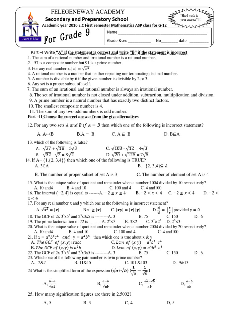 2016E.C Maths G-12 ASP Class On Maths G-9 Unit 1&2 | PDF | Numbers | Square Root