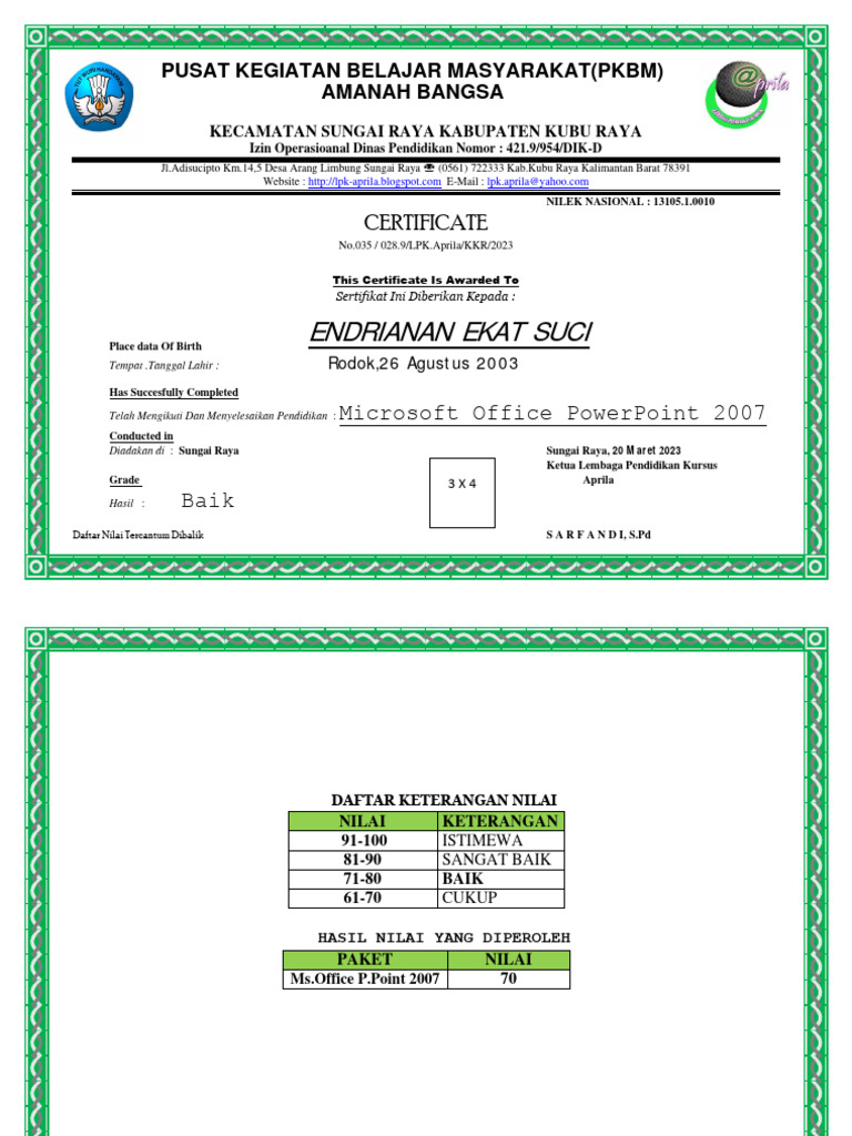 Sertifikat Kursus Microsoft Office di Sungai Raya | PDF