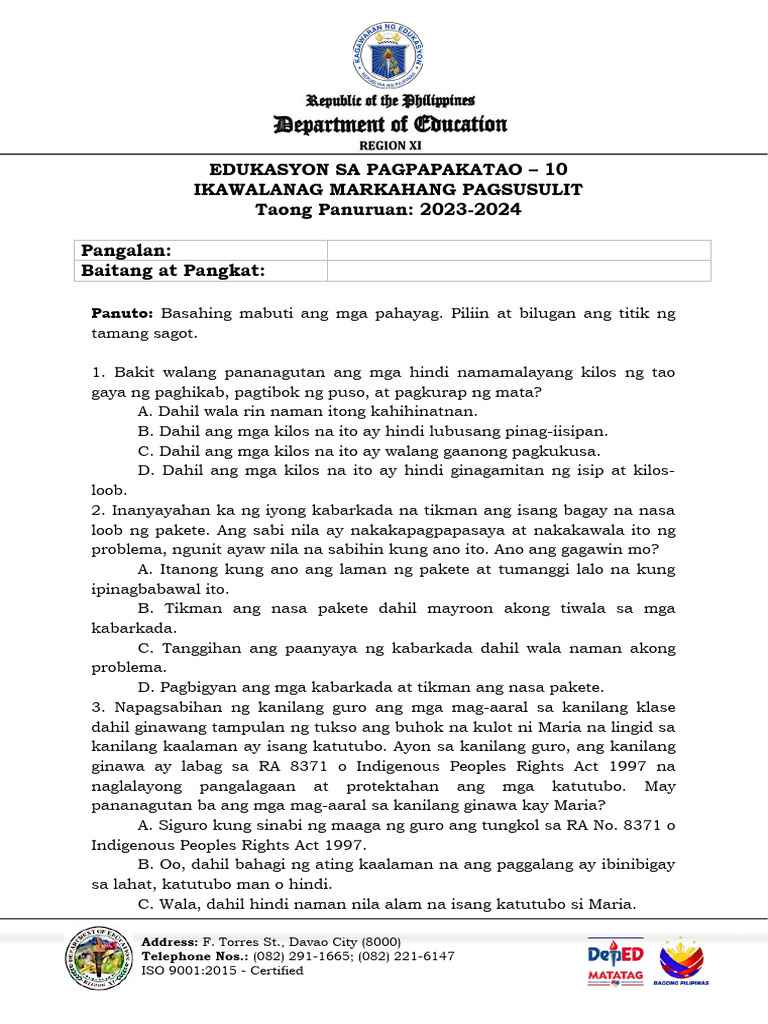 EsP TQ Q2 For Grade10 | PDF