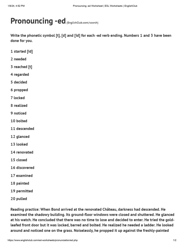 Pronouncing Ed Endings Worksheet Pdf Home Garden Art