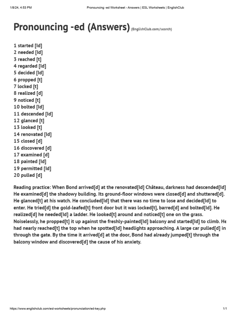 Pronouncing - Ed Worksheet - Answers - ESL Worksheets - EnglishClub | PDF