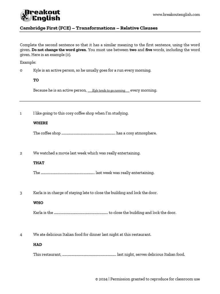 First FCE Transformations Relative Clauses | PDF | Language Arts & Discipline | Home & Garden