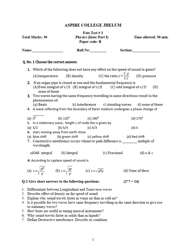 Physics Fate Test 3 Part 1 Paper B | PDF | Waves | Sound