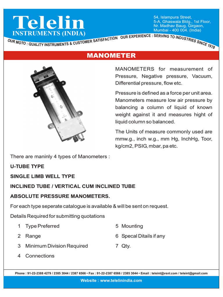Types of Manometer | PDF | Pressure Measurement | Pressure