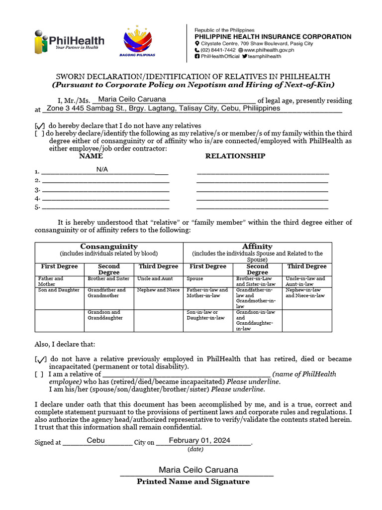 Sworn Declaration of Relatives in Phil Health 2024 | PDF | Family ...