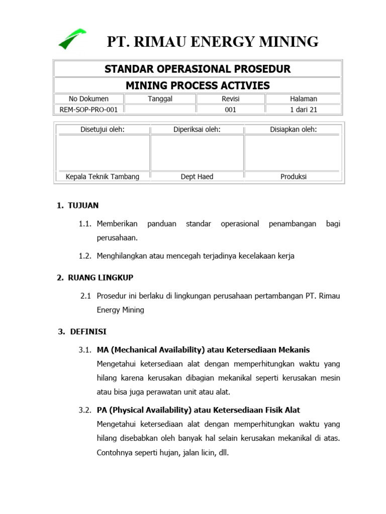 Rem-Sop-Pro-001 Mining Process Activies | PDF | Teknologi & Rekayasa