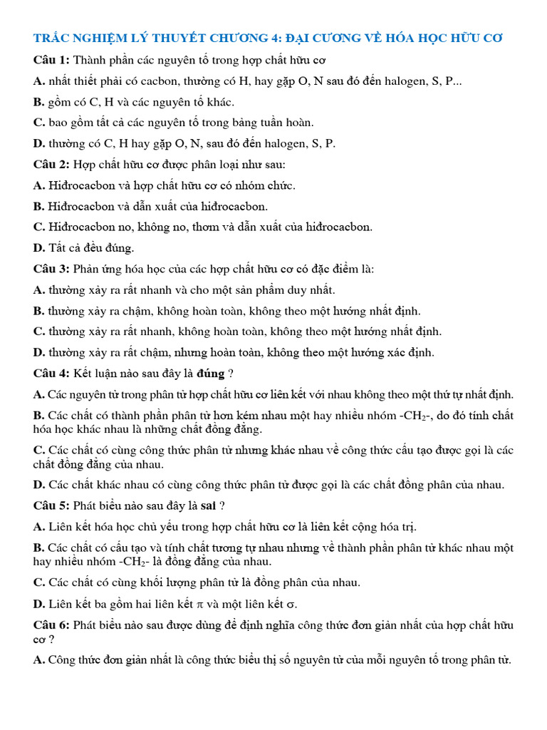 Trac Nghiem Ly Thuyet Chuong 4 Dai Cuong Ve Hoa Hoc Huu Co Hoa Hoc Lop | PDF